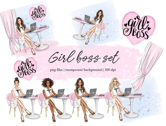 Girl Boss Clipart Girls in Front of Laptop With Books and - Etsy