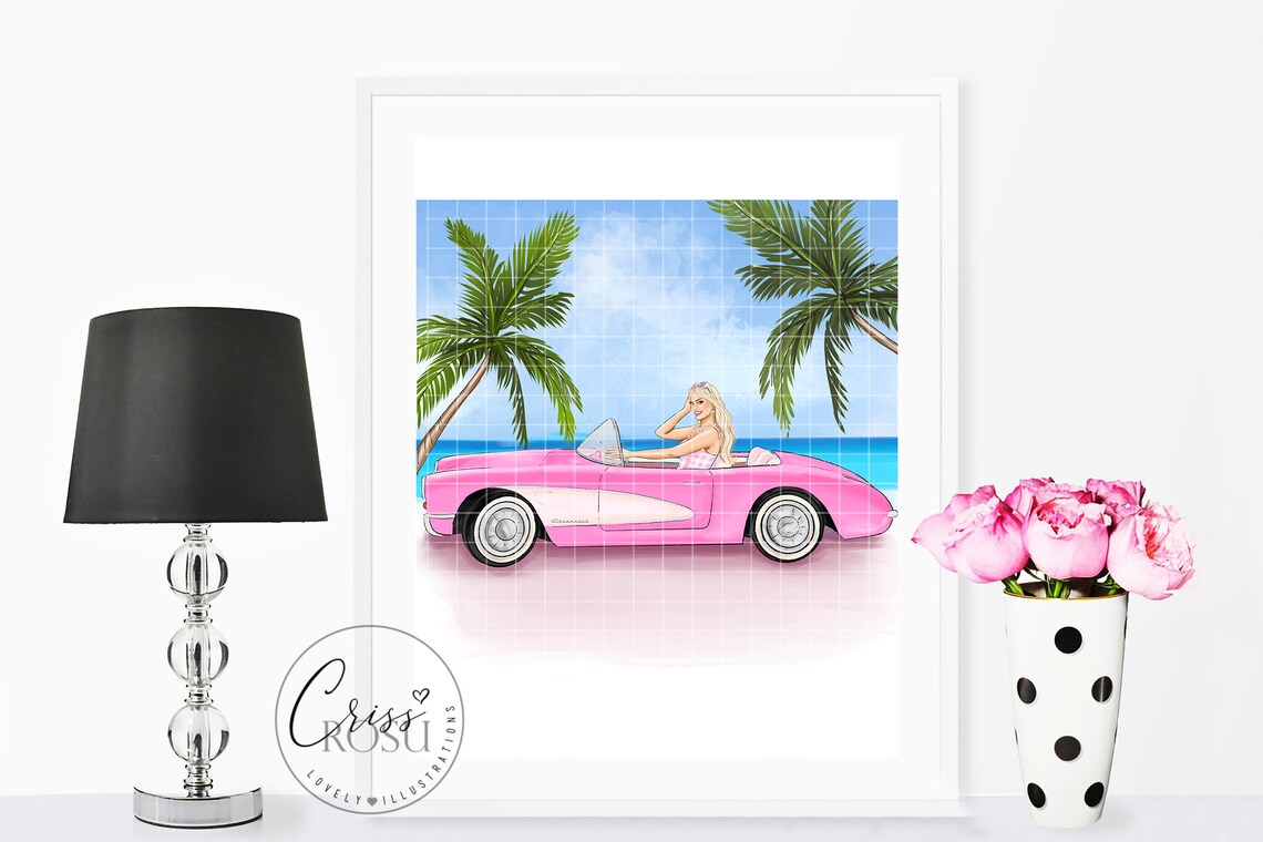 Barbie Driving a Pink Car at the Seaside With Palm Trees - Etsy