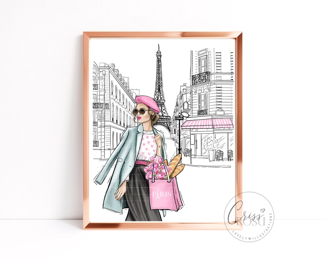 Fashion Girl With Pink Parisian Bonnet Shopping in Paris, Fashion Art ...