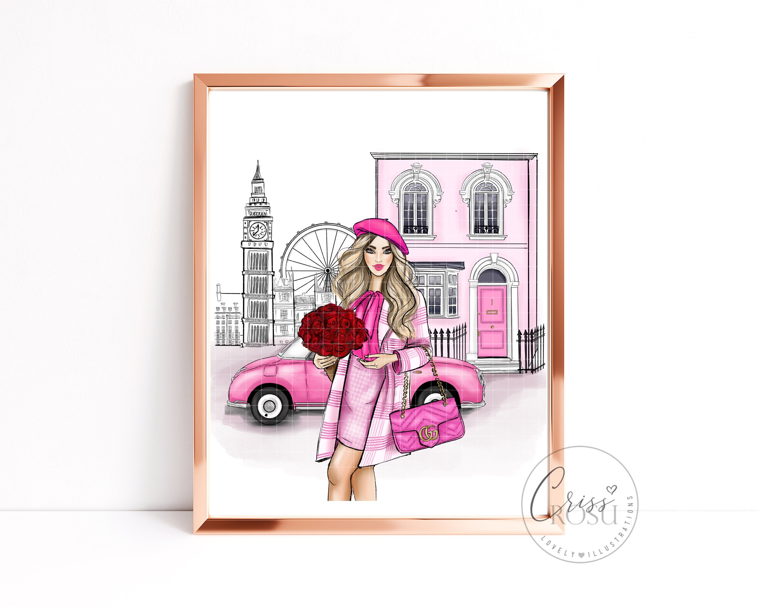 London Streets With Girl in Pink Holding a Bouquet of Red Roses ...