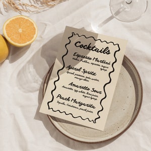 Neutral Wavy Border Drinks Menu Template, Handwritten Cocktail Menu ...