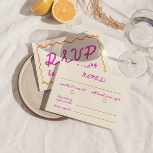 Pink Orange Wavy RSVP Card Template, Hand Painted Wavy Border RSVP, Editable Wedding Stationary ...