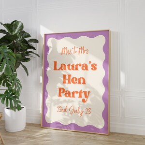 Lilac + Peach Wavy Hen Party Sign Template, Wavy Modern Retro Hen Party ...