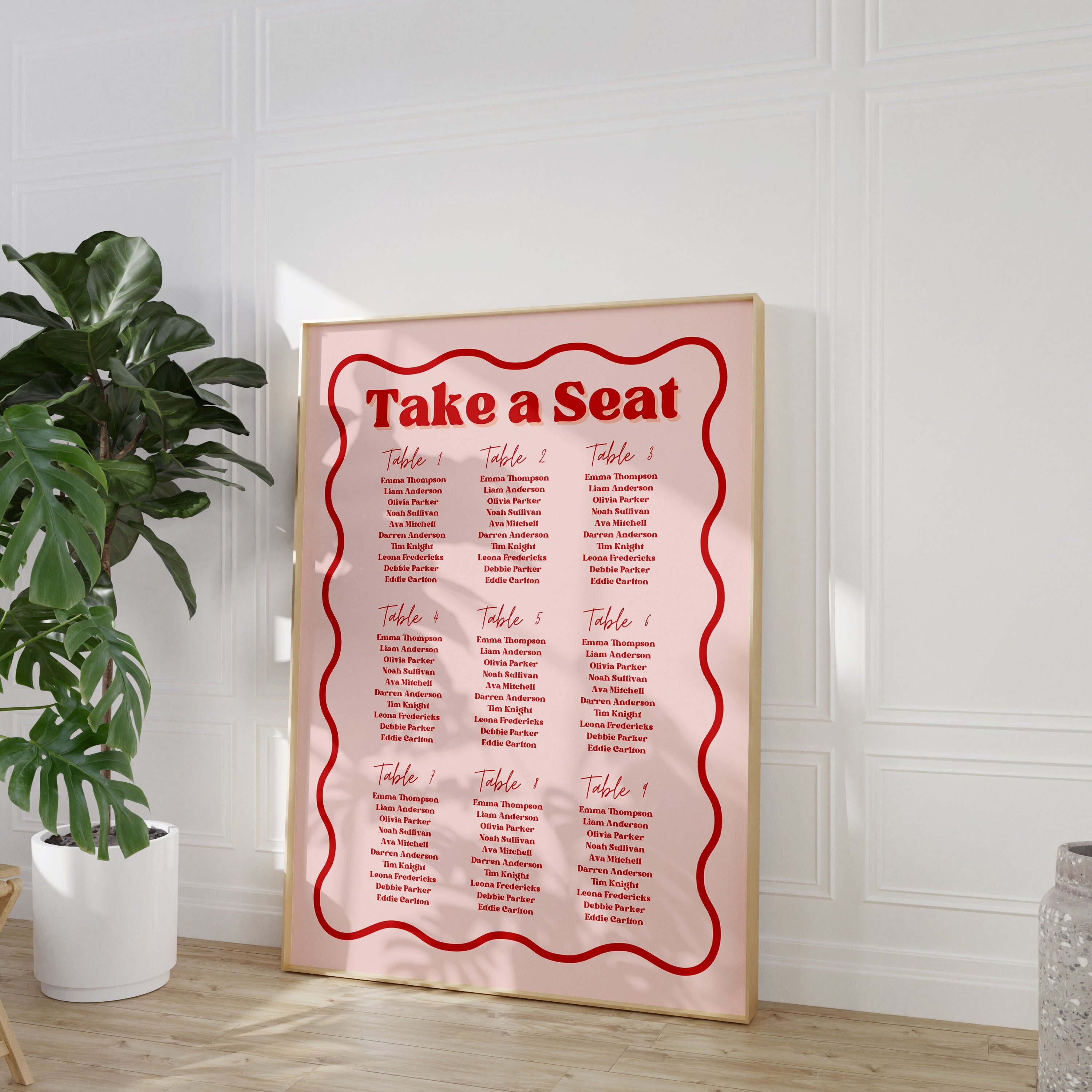 Red Pink Wavy Seating Plan Sign Template Pink Modern Retro - Etsy