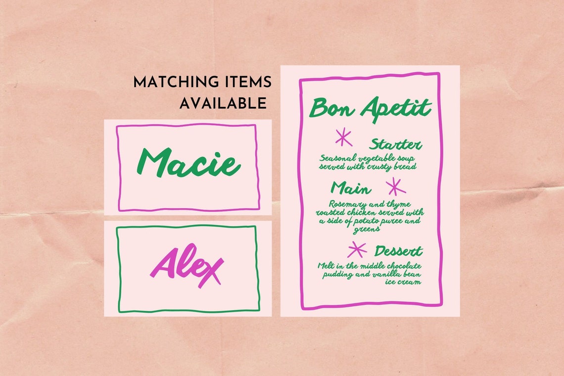 Pink + Green Hand Painted Menu Template, Handwritten Dinner Menu ...