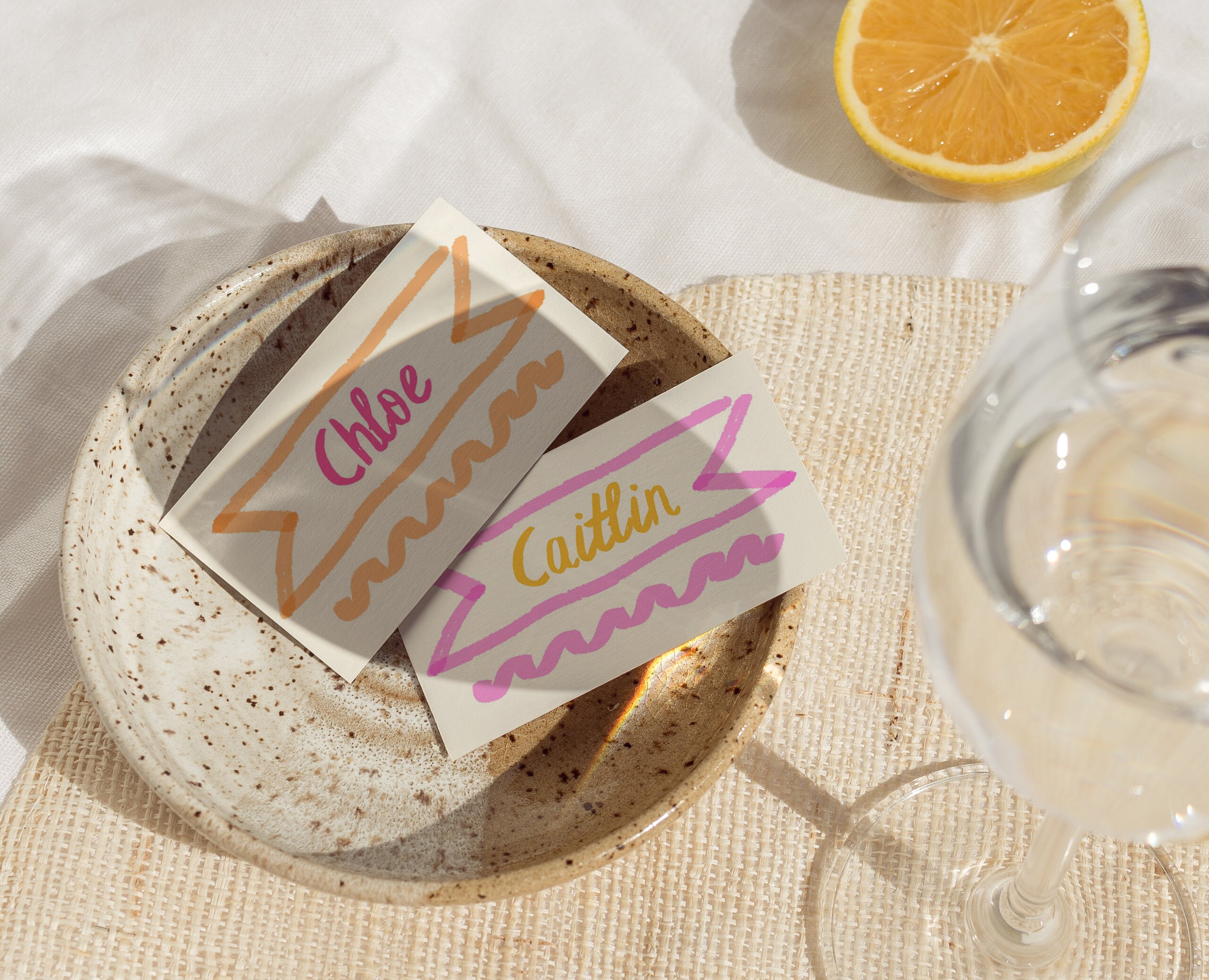 Set of 4 Custom Place Cards Template, Bright Handwritten Style Wavy ...