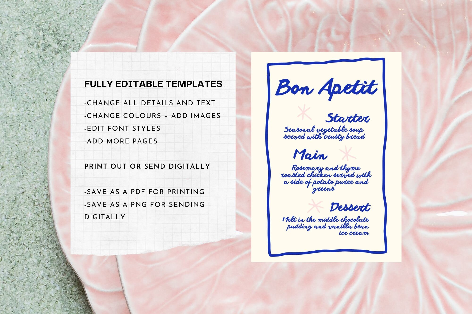 Blue Hand Painted Menu Template Handwritten Dinner Menu - Etsy