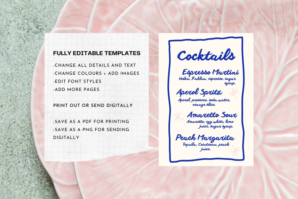 Blue Hand Painted Cocktail Menu Template, Colorful Handwritten Drink ...