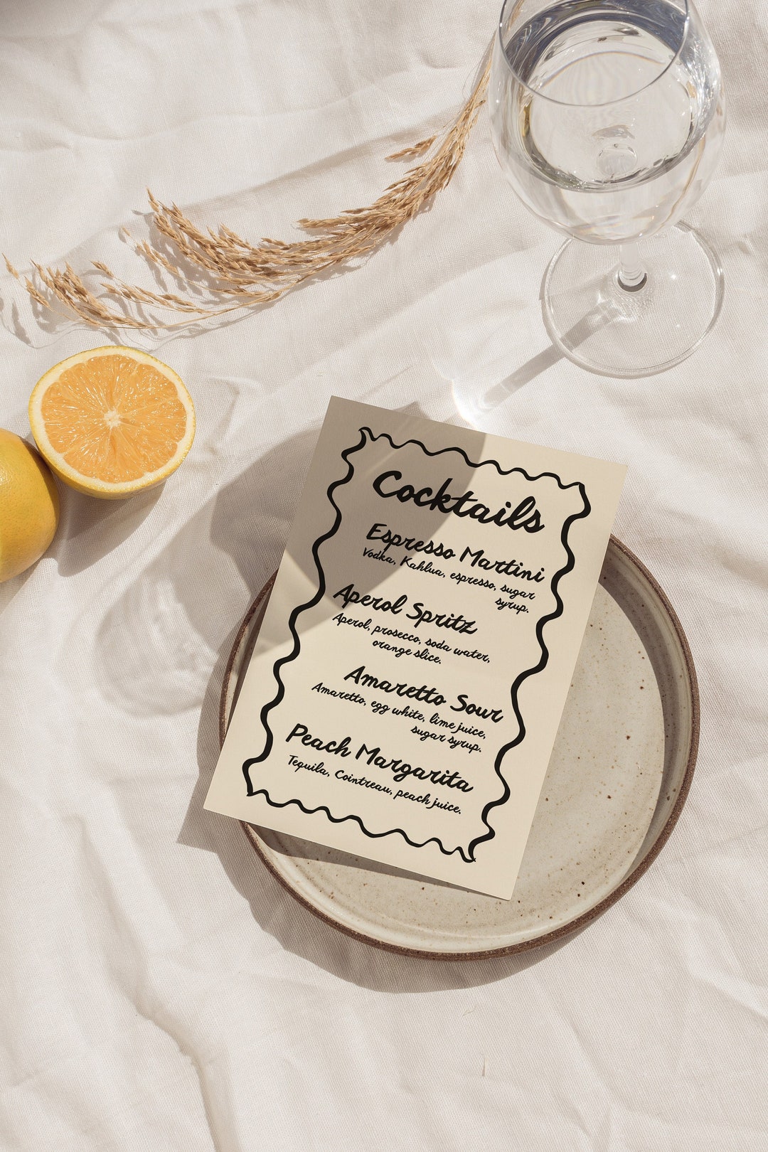 Neutral Wavy Border Drinks Menu Template, Handwritten Cocktail Menu ...