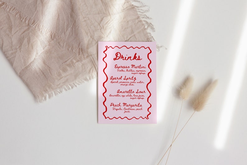 Pink + Red Wavy Drinks Menu Template, Hand Painted Wavy Cocktail Menu ...