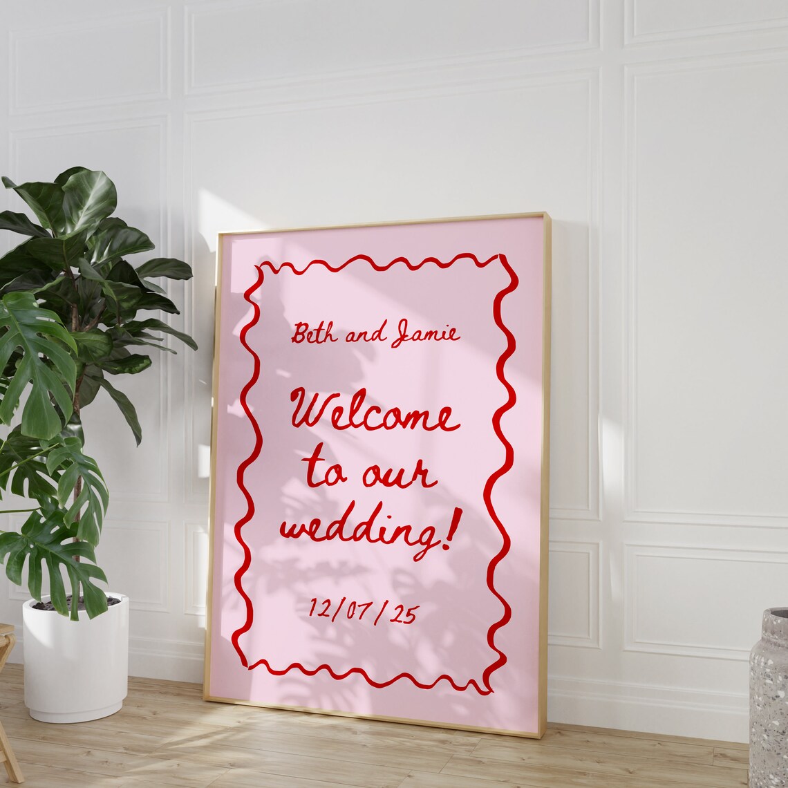Pink + Red Wavy Border Wedding Sign Template, Colorful Hand Drawn ...