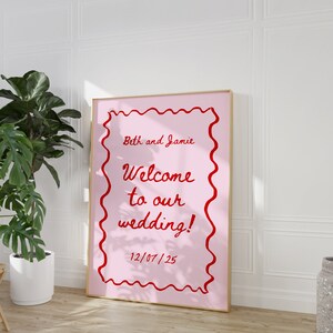 Pink Red Wavy Border Wedding Sign Template, Colorful Hand Drawn Wedding ...
