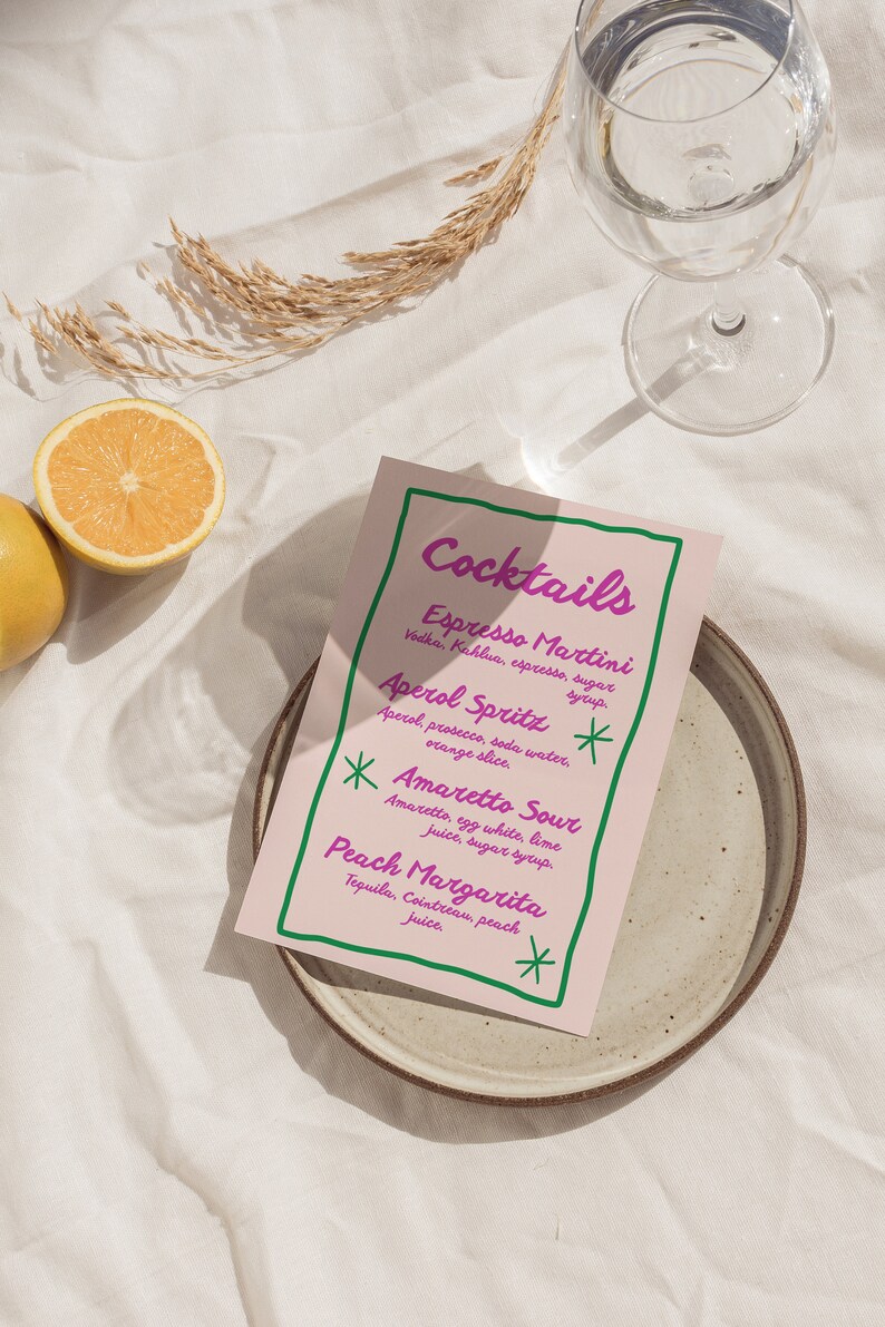 Pink Hand Painted Cocktail Menu Template Colorful Handwritten - Etsy