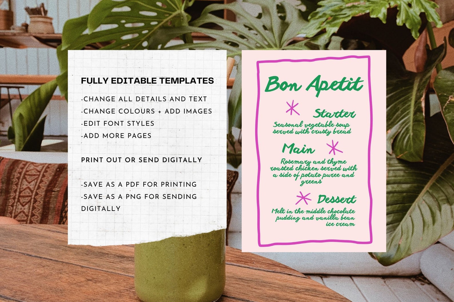 Pink + Green Hand Painted Menu Template, Handwritten Dinner Menu ...