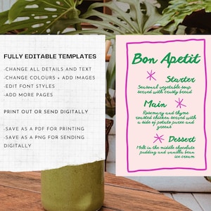 Pink + Green Hand Painted Menu Template, Handwritten Dinner Menu ...