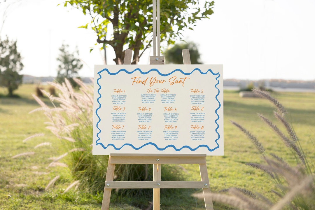 Blue + Orange Wavy Seating Plan Sign Template, Hand Drawn Find Your ...