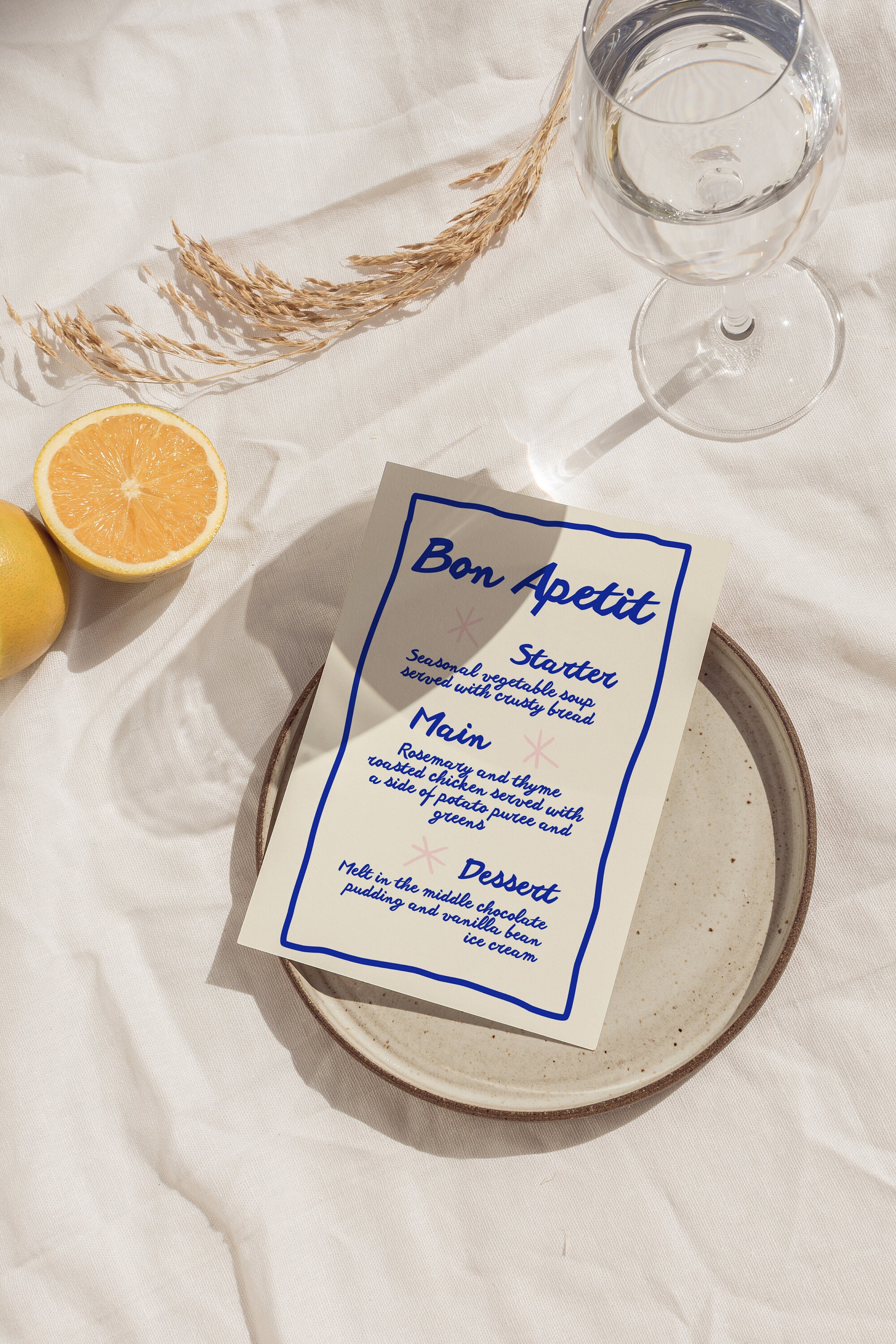 Blue Hand Painted Menu Template, Handwritten Dinner Menu, Bridal Shower ...