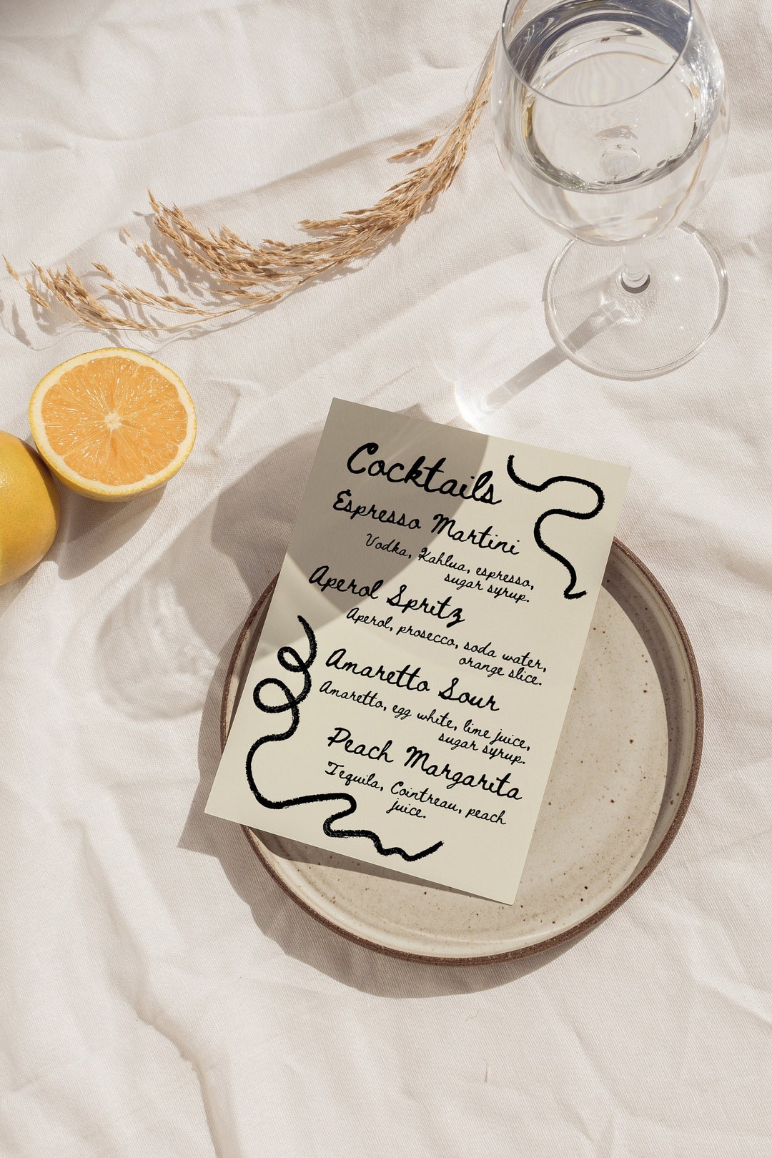 Minimal Wavy Drinks Menu Template, Handwritten Custom Cocktail Menu ...