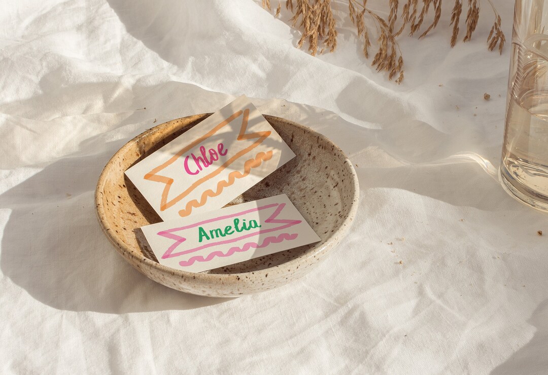 Set of 4 Custom Place Cards Template, Bright Handwritten Style Wavy ...
