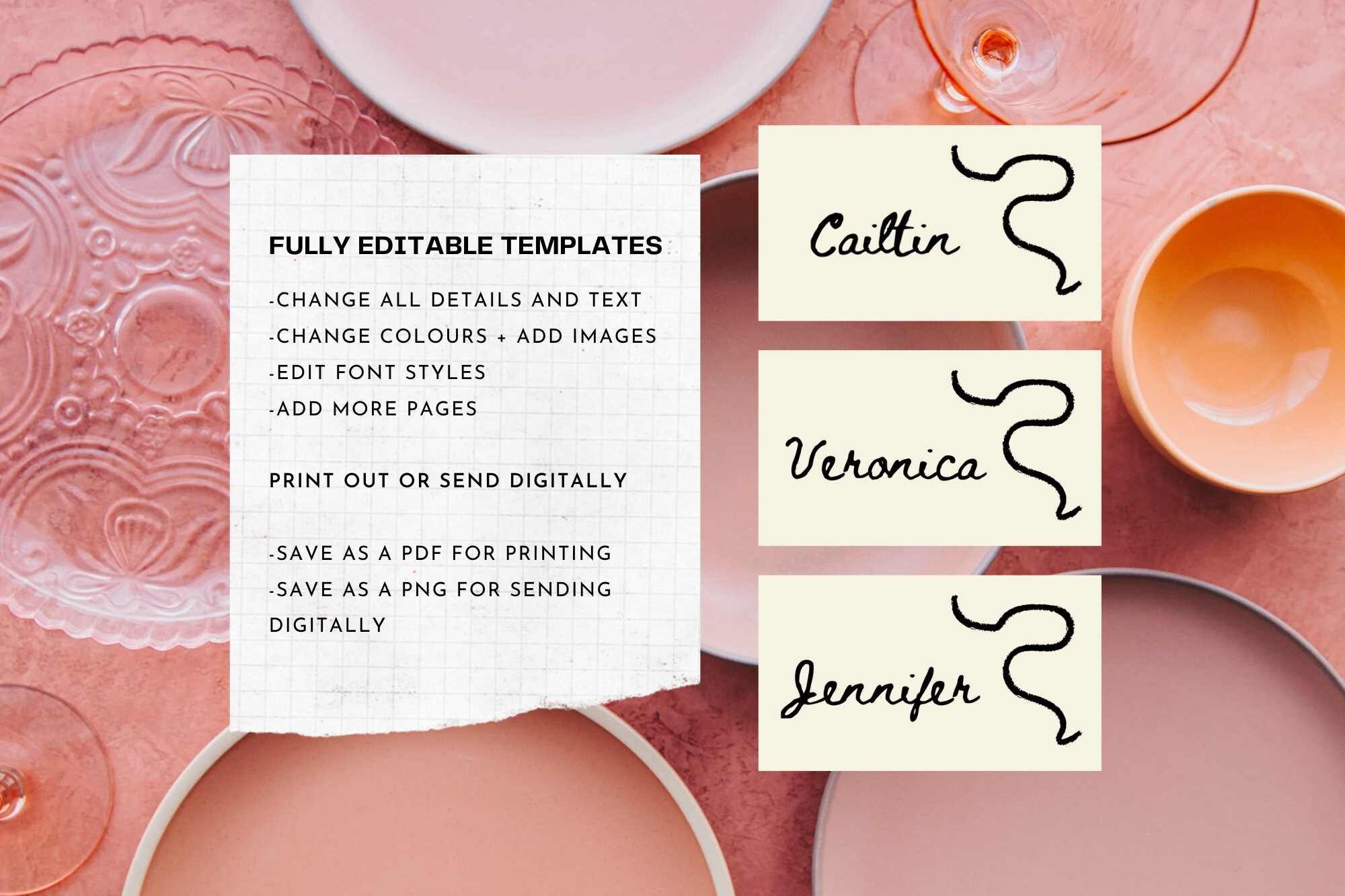 Neutral Wavy Custom Place Cards Template, Handwritten Style Wavy Place ...