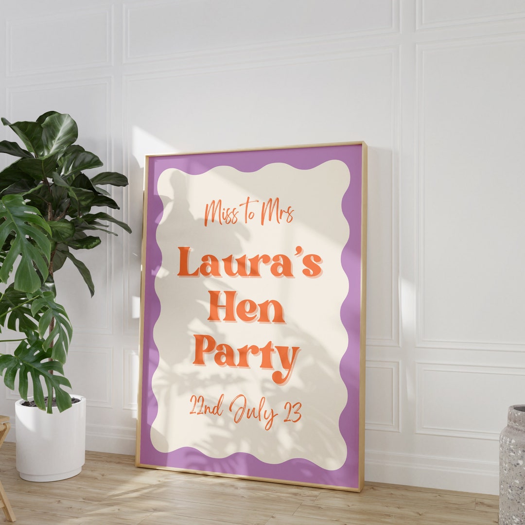 Lilac + Peach Wavy Hen Party Sign Template, Wavy Modern Retro Hen Party ...