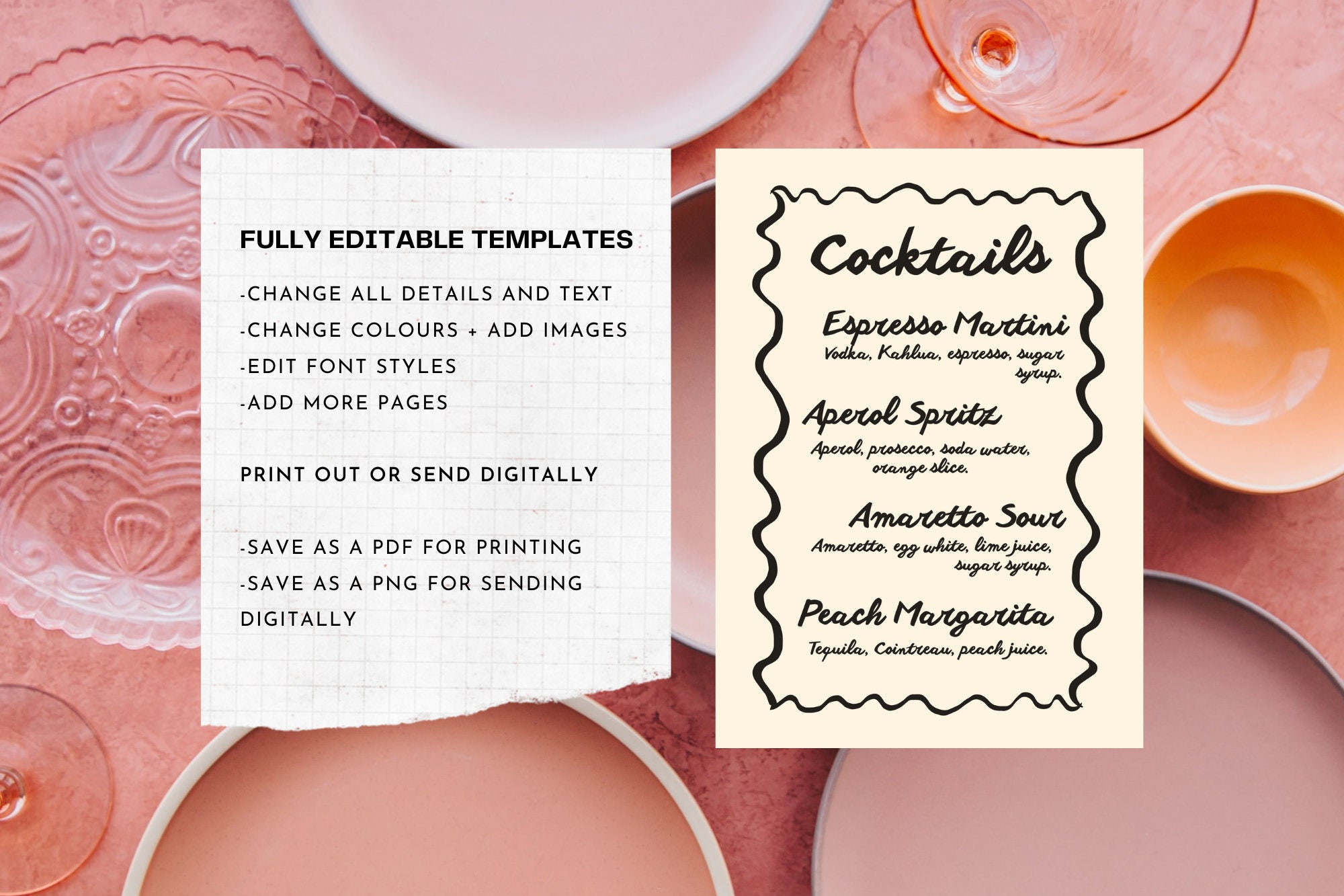 Neutral Wavy Border Drinks Menu Template Handwritten Cocktail - Etsy