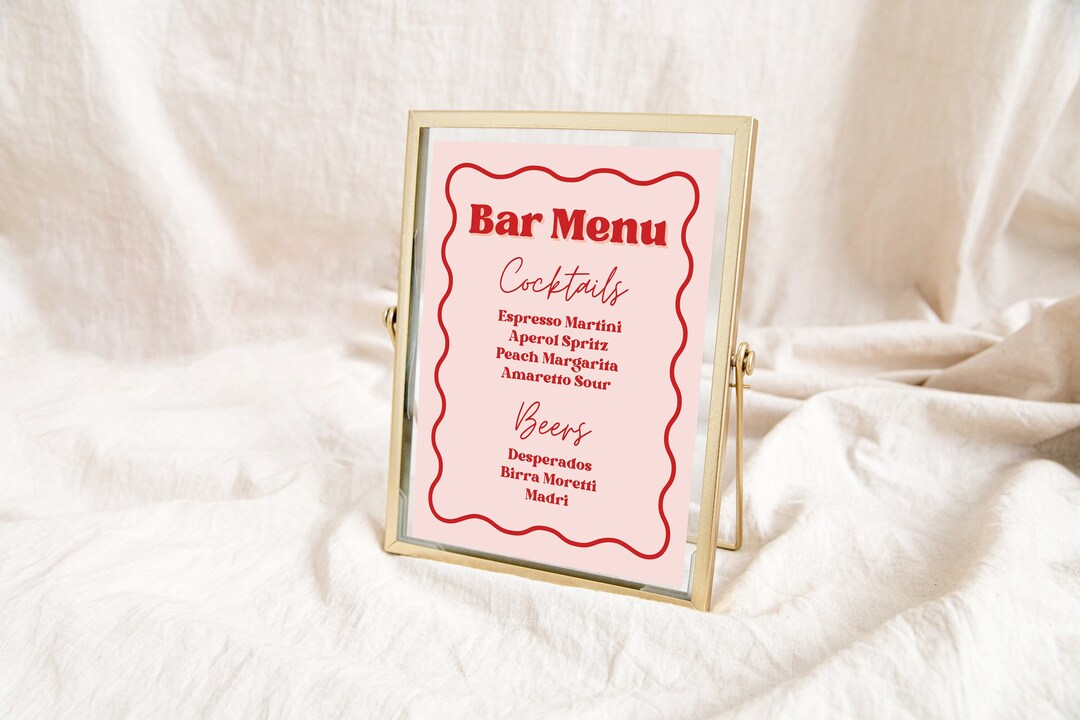 Modern Wavy Bar Menu Template, Pink Red Bar Menu Sign, Editable Bar ...
