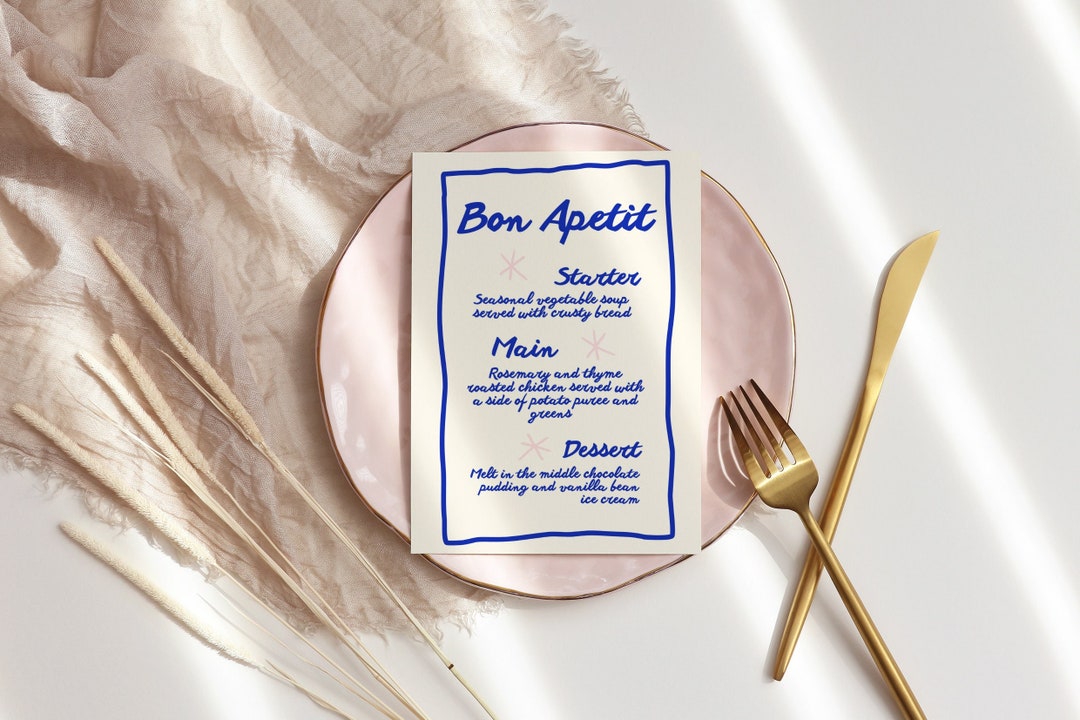 Blue Hand Painted Menu Template, Handwritten Dinner Menu, Bridal Shower ...
