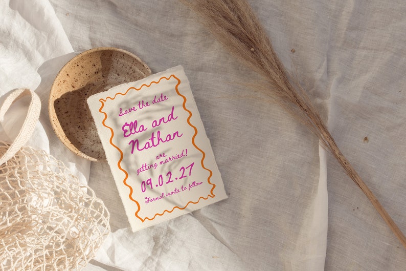 Pink + Orange Wavy Border Save the Date, Bright Save the Date Template ...