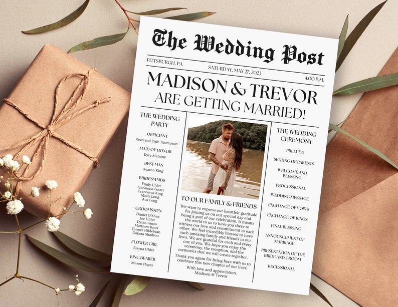 Editable 2-sided Newspaper Wedding Program, Canva Template, Printable ...