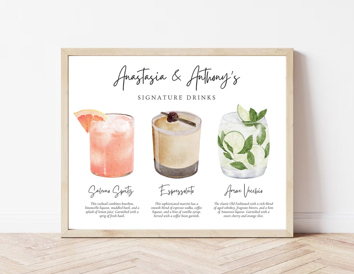 Editable Watercolor Signature Drinks Wedding Sign, Bar Menu Canva ...