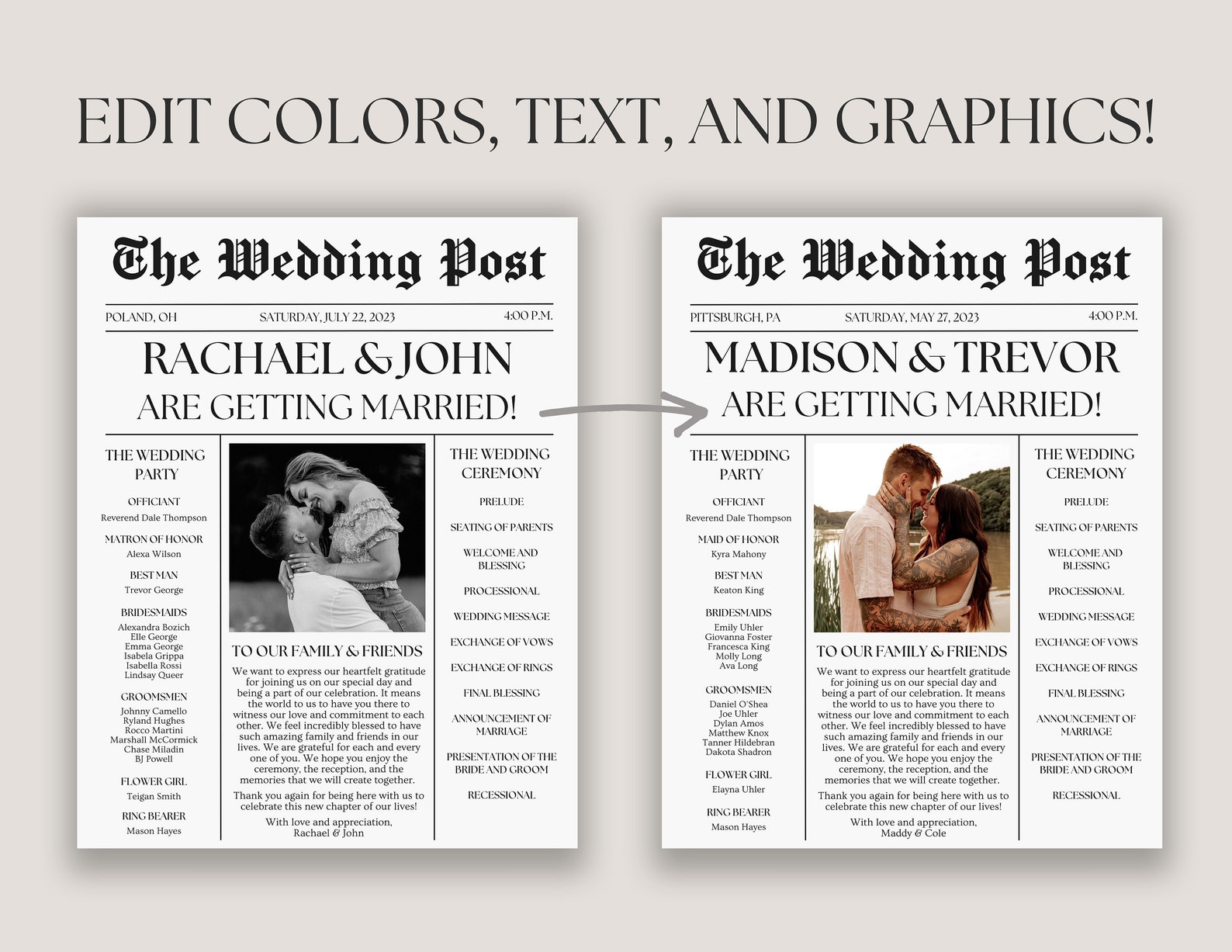 Editable 2-sided Newspaper Wedding Program, Canva Template, Printable ...