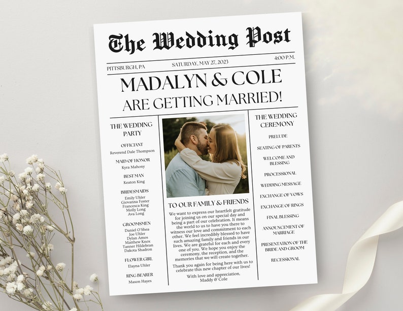 Editable 2-sided Newspaper Wedding Program, Canva Template, Printable ...