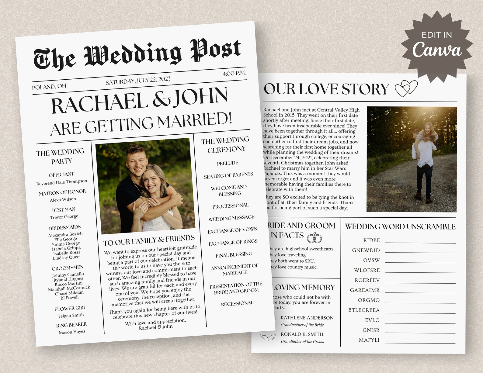 Editable 2-sided Newspaper Wedding Program, Canva Template, Printable ...