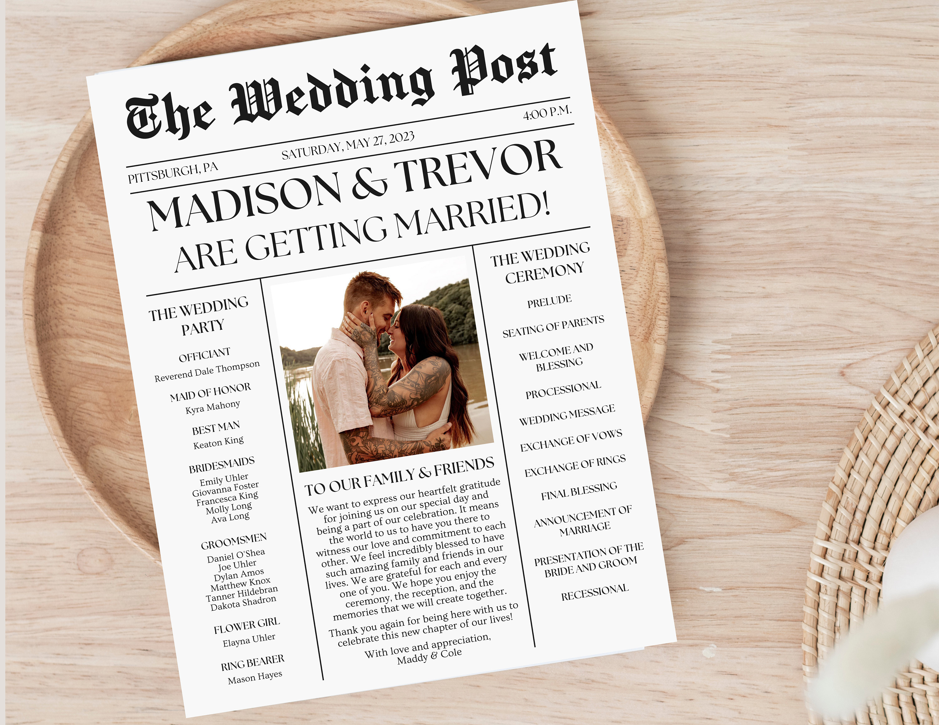 Editable 2-sided Newspaper Wedding Program, Canva Template, Printable ...
