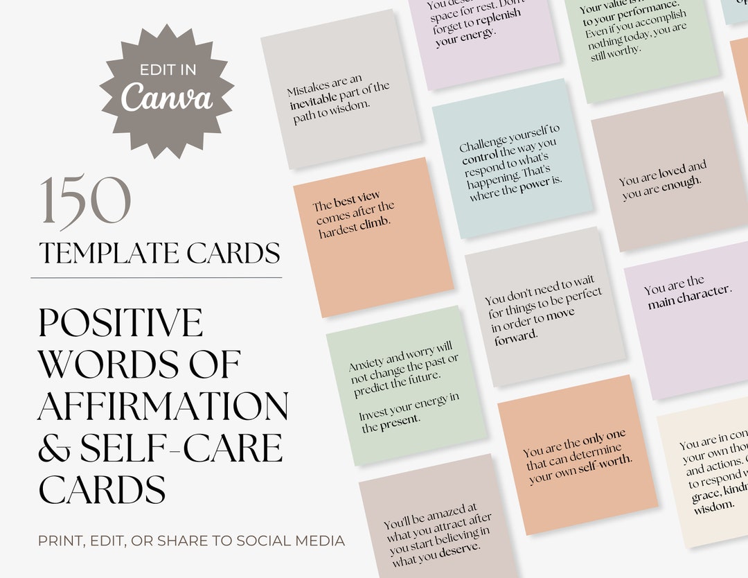 Positive Affirmation Self Care Cards, Editable Canva Quotes ...