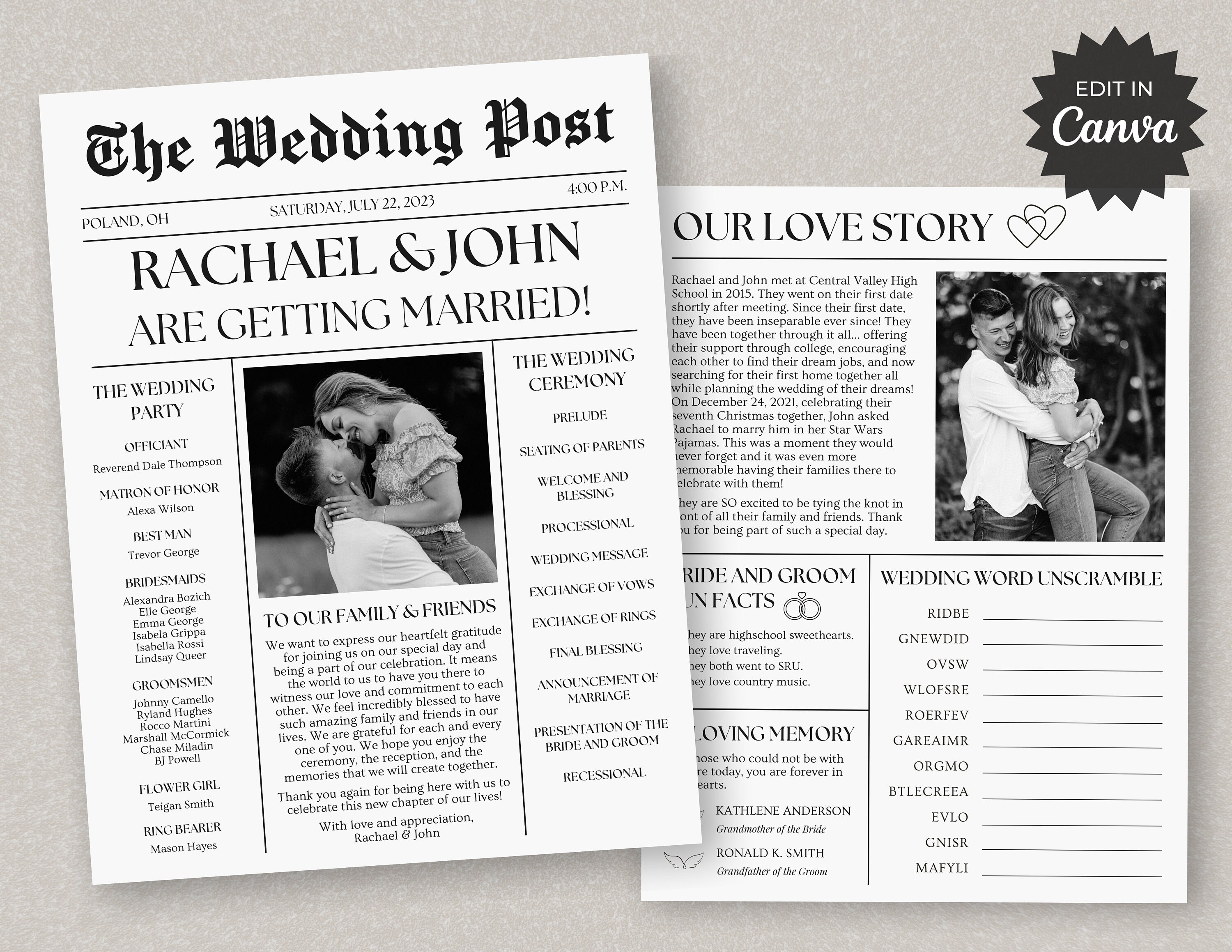 Editable 2-sided Newspaper Wedding Program, Canva Template, Printable ...