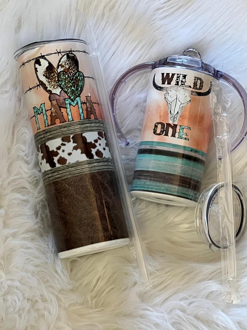 Mama And Mini Tumbler Sippy Cup Set Cow Western Wild One Etsy