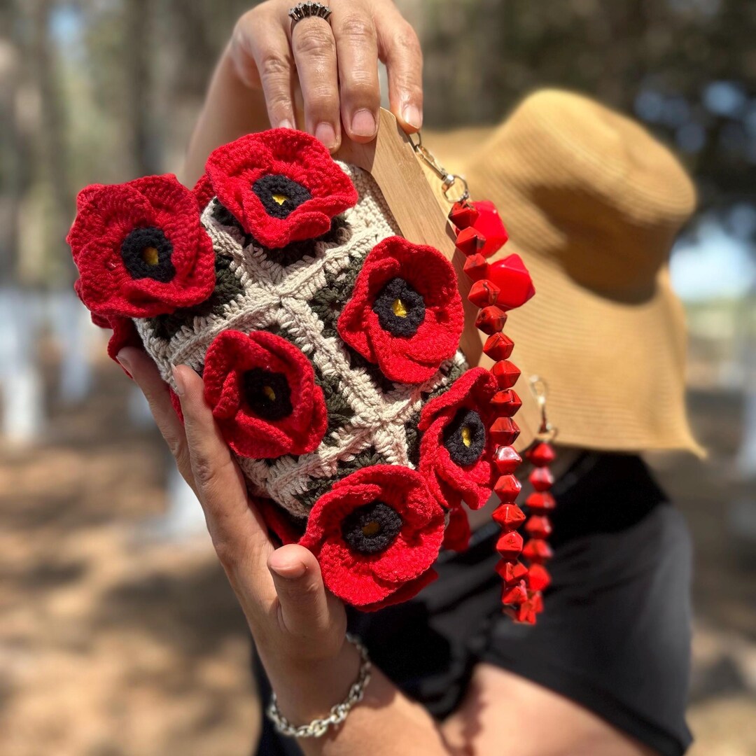 3D Red Poppy Crochet Granny Square Clutch With Wooden Clasp, Valentines ...