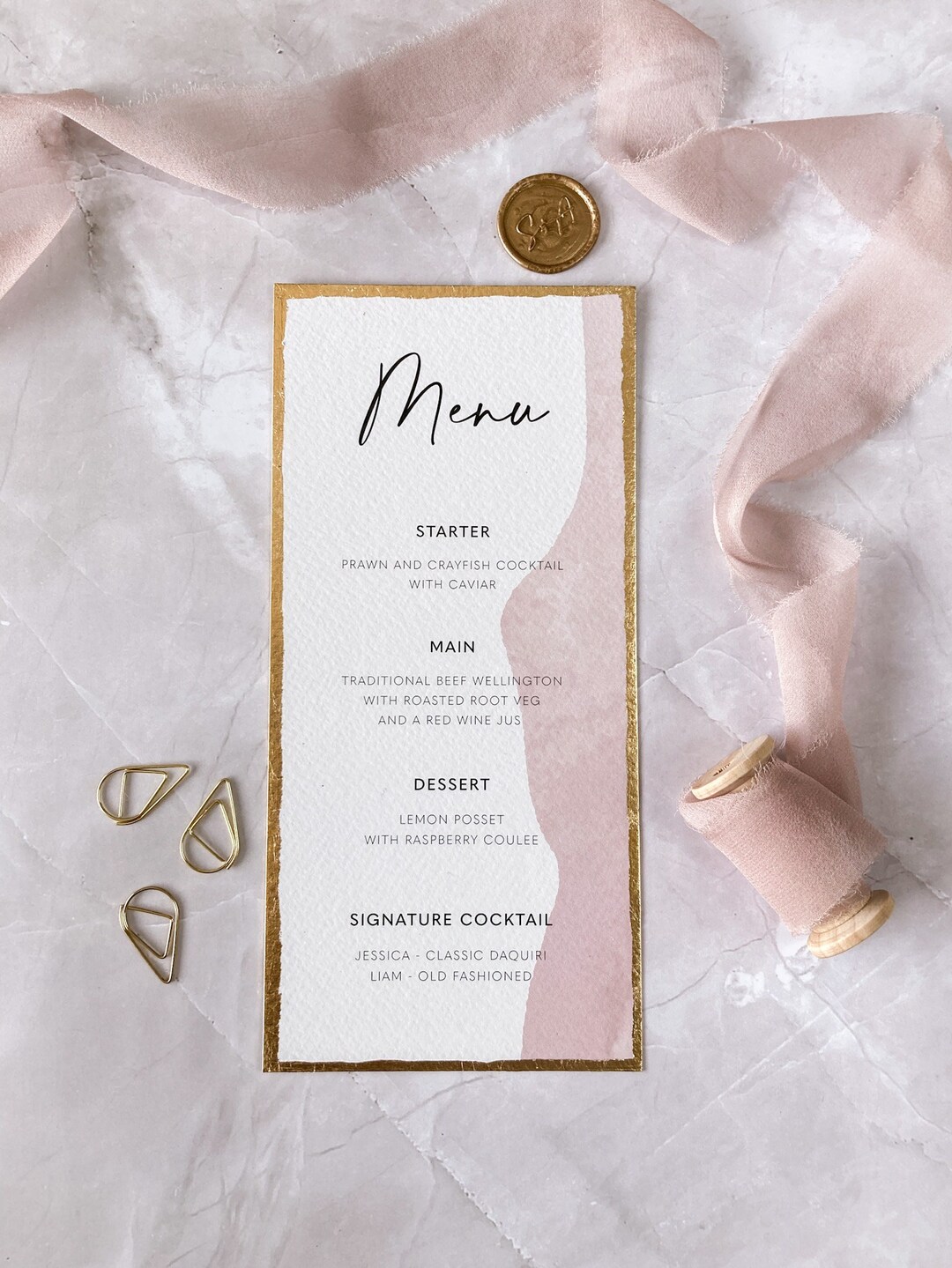 Gold Leaf Wedding Menu, Modern Wedding Decor, Pink and White Table ...