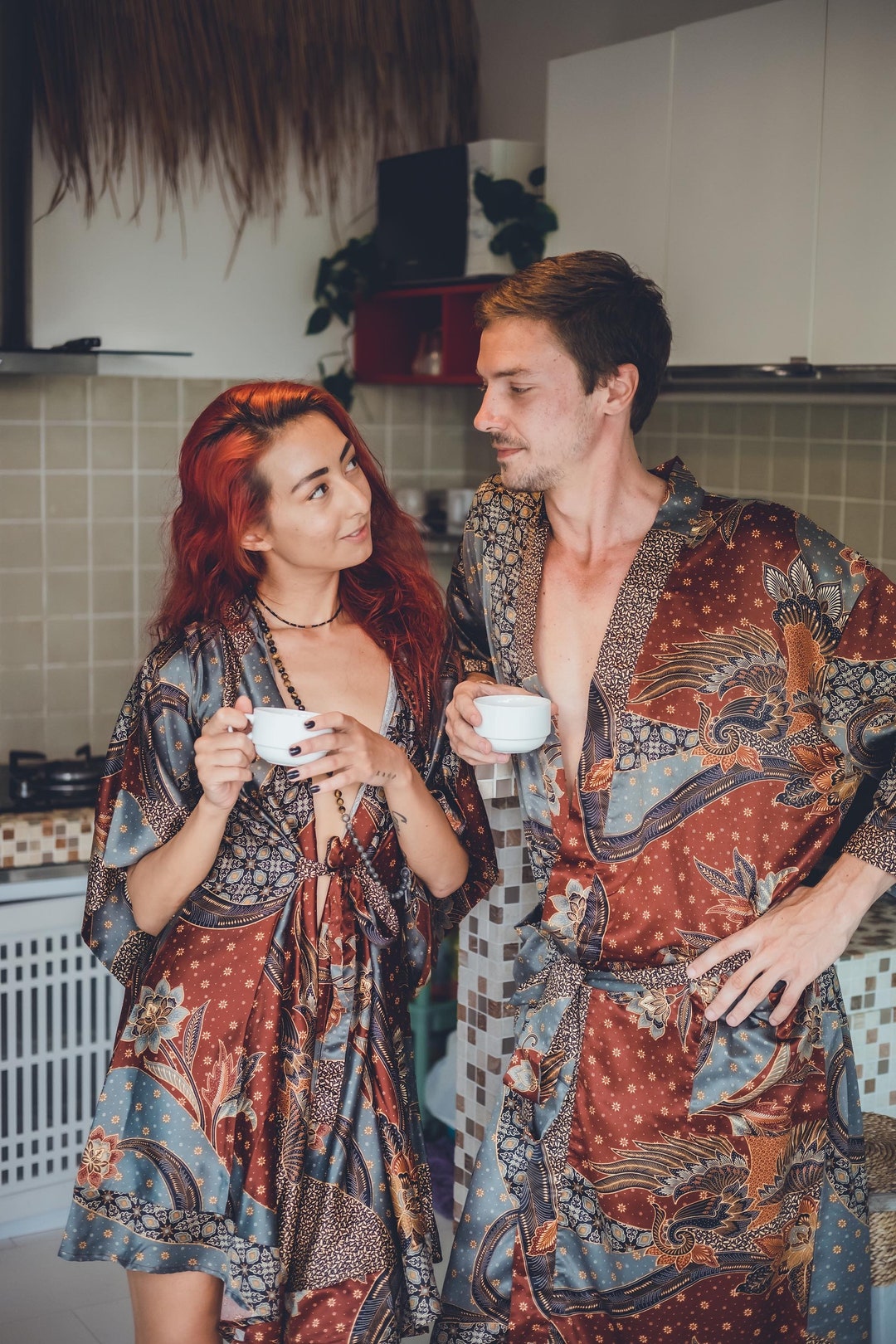 Boho Matching Grey & Brown Silk Kimono Set for Couples ~ Handmade Bali ...