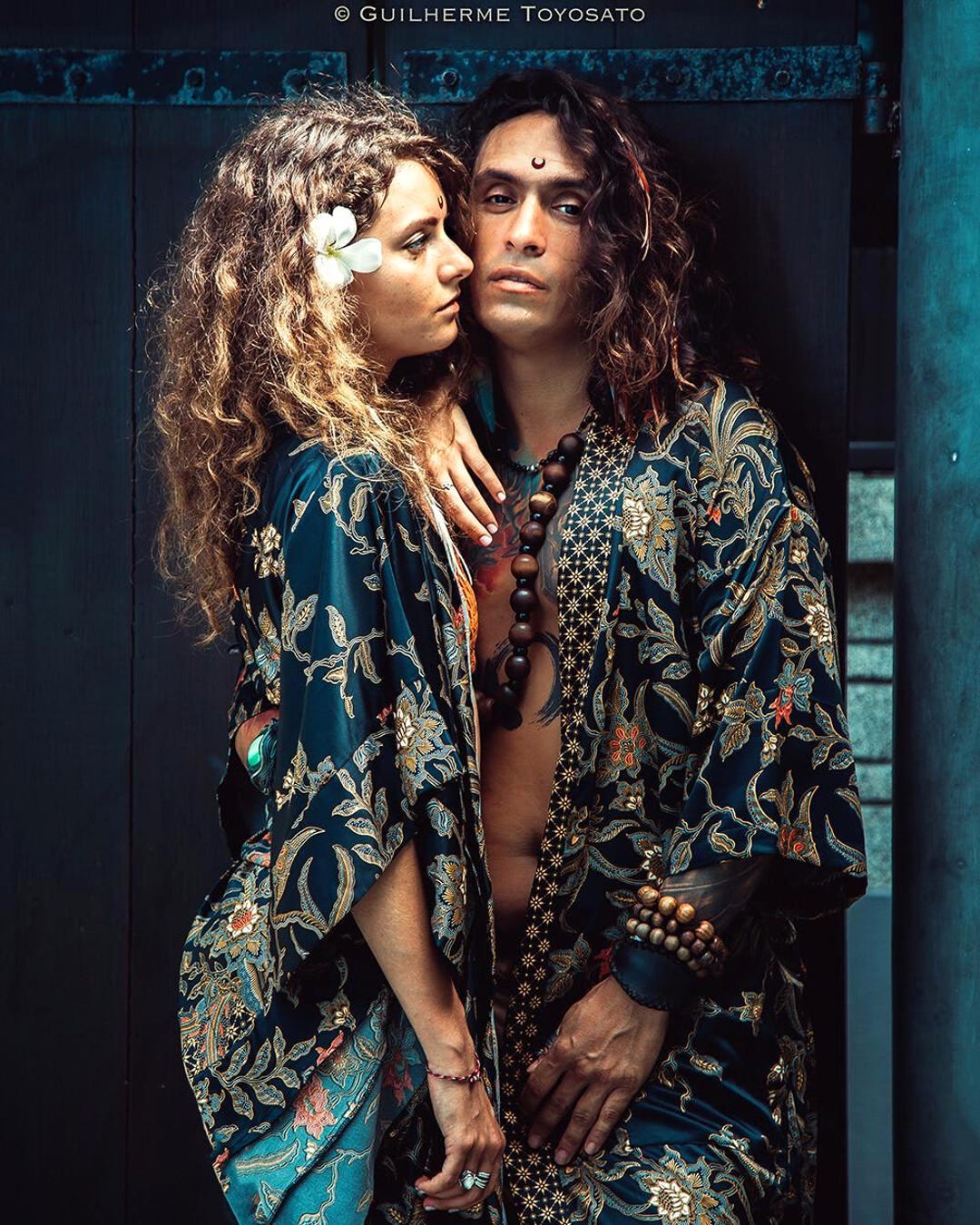 Boho Matching Black & Gold Silk Kimono Set for Couple ~ Handmade Bali ...