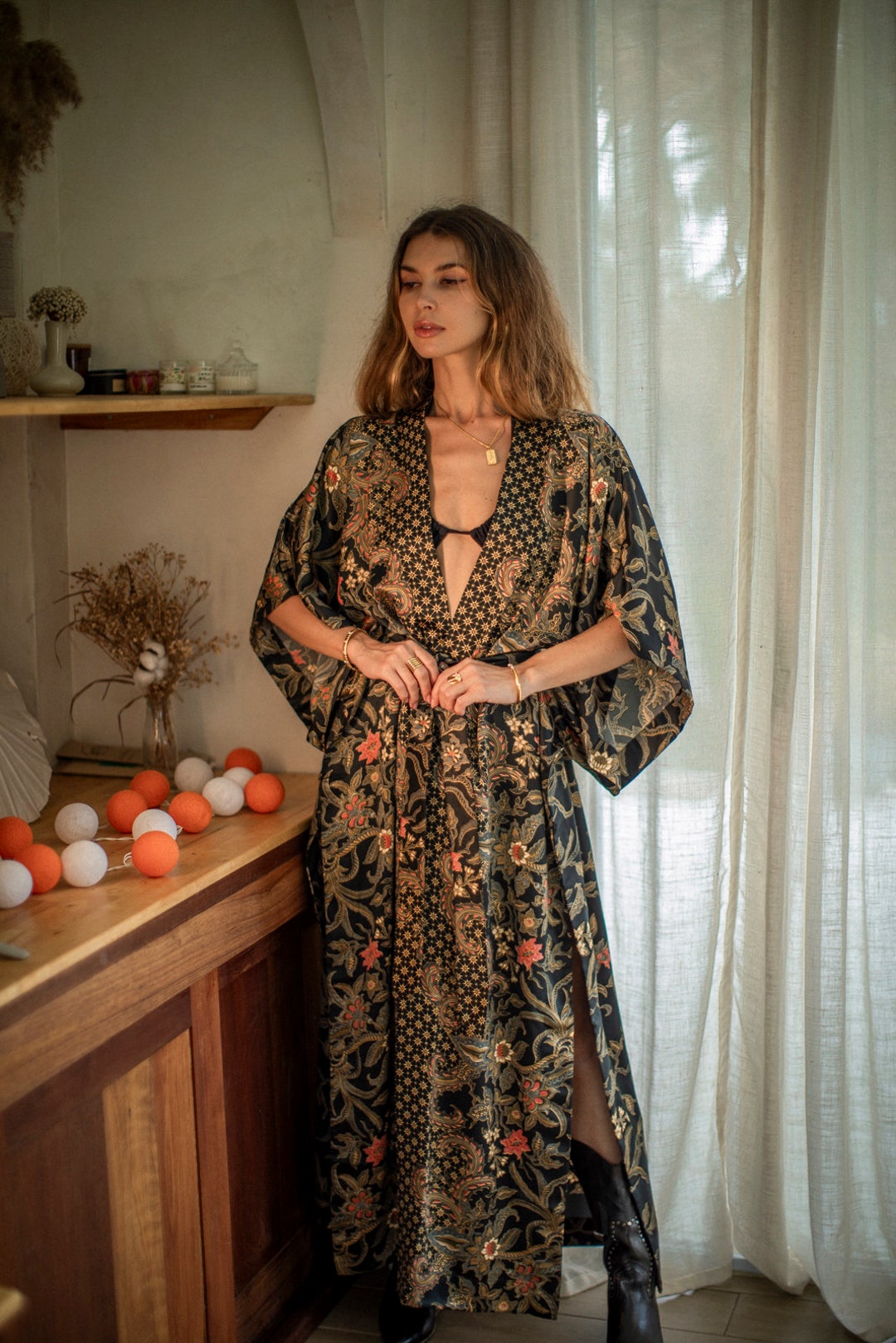 Boho Black & Gold Long Silky Kimono Robe for Women ~ Handmade Bali ...