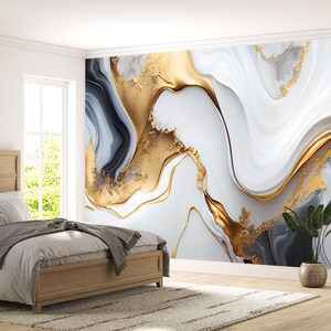 Wall Mural White Grey Gold Marble Home Decor Decal Living Room Bedroom ...