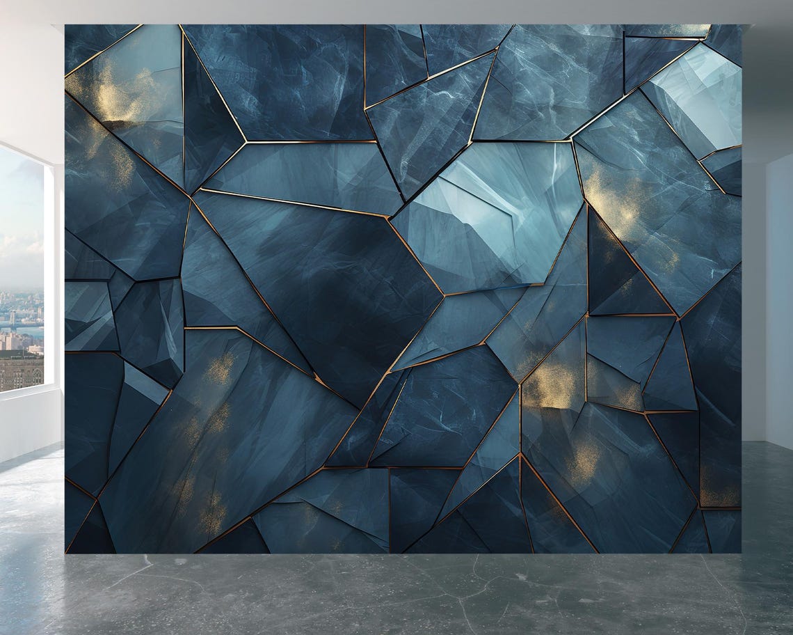 Navy Blue Geometric Marble Wall Mural - Peel and Stick Vinyl Decal - Etsy
