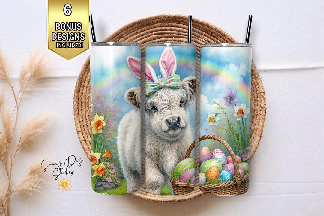 Easter Bunny Highland Cow Tumbler Wrap, 20oz Skinny Tumbler Sublimation ...