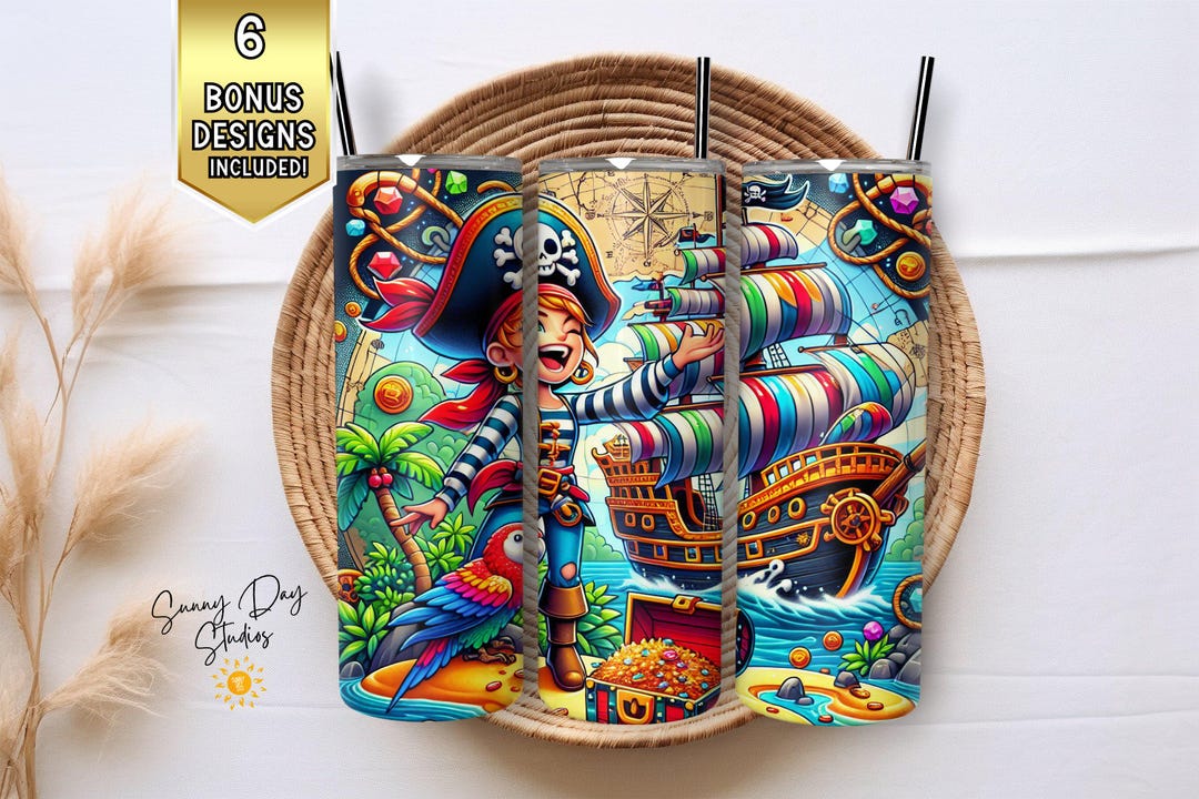 Pirate Tumbler Wrap 20oz Skinny Tumbler PNG Colorful Pirate and Ship ...