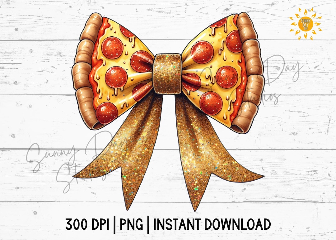 Glittery Pizza Coquette Bow PNG, Trendy Ribbon Sublimation Design File ...