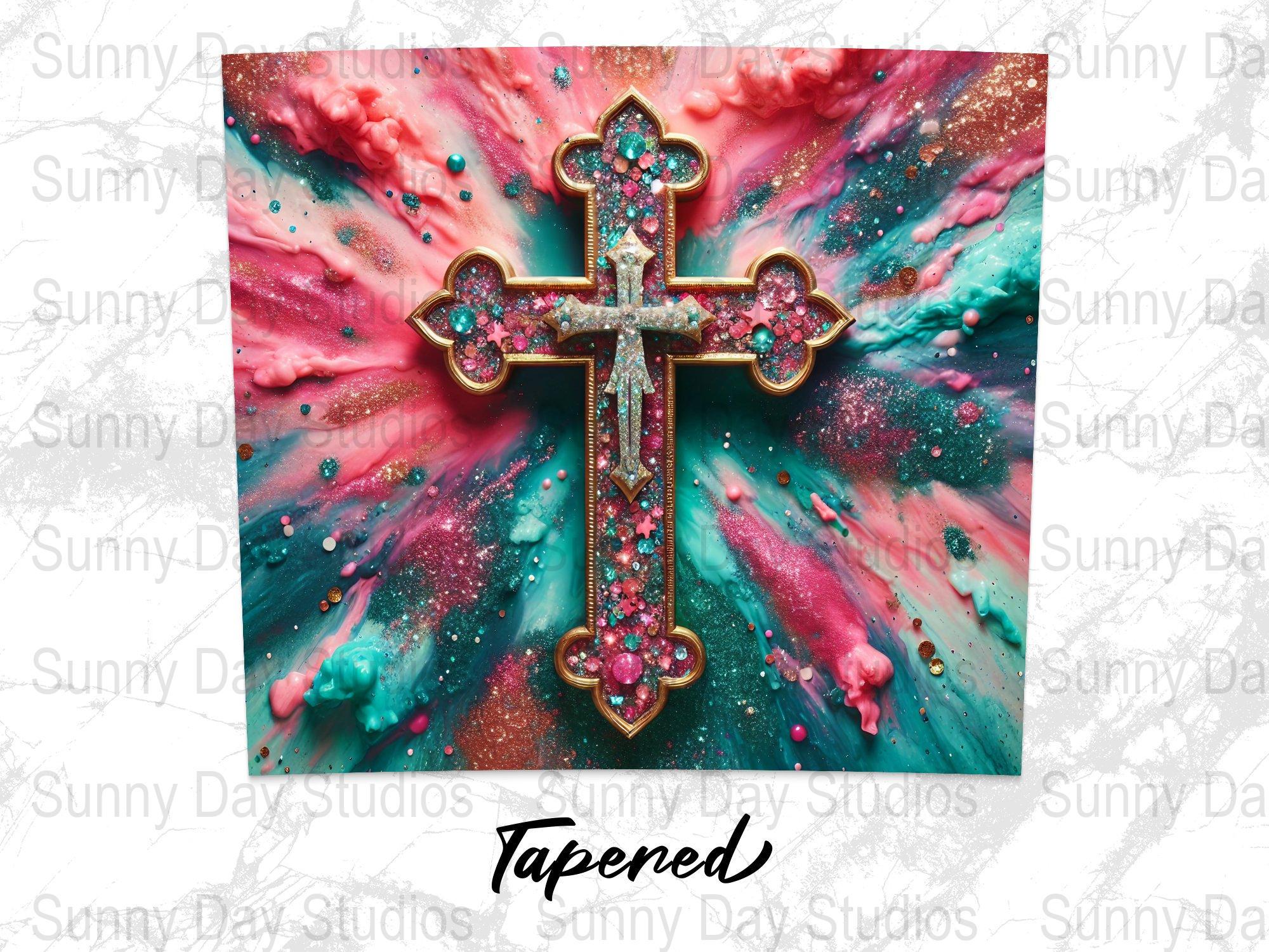 Jesus Cross Skinny Tumbler Wrap, Pink Teal Glitter Christian Catholic ...