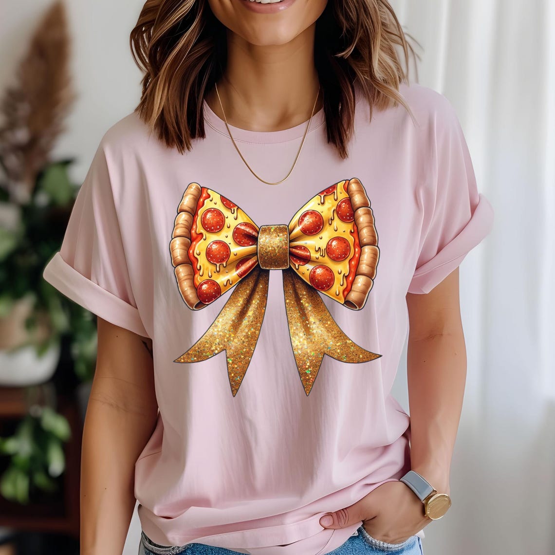 Glittery Pizza Coquette Bow PNG, Trendy Ribbon Sublimation Design File ...